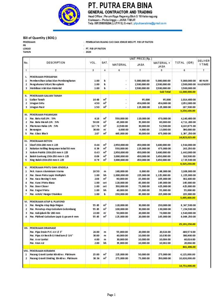 Bill of Quantity (BOQ) : General Contractor and Trading | PDF | Economy ...