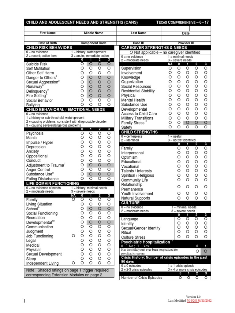 Child and Adolescent Needs and Strengths (Cans) T C - 6 - 17 | PDF ...