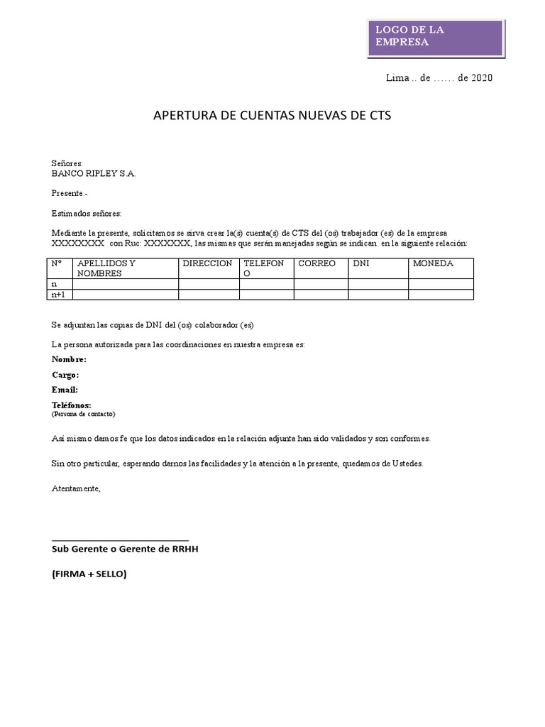 Carta Modelo Apertura Cts Individual Masiva | PDF