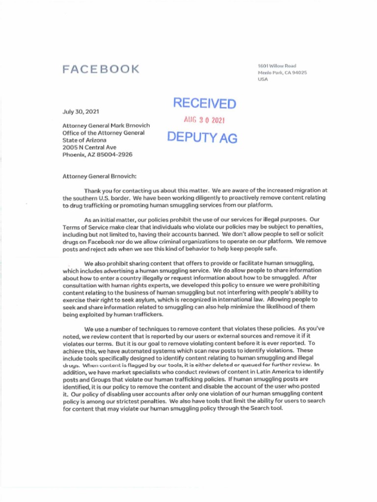 Aug 30 Facebook Letter To Brnovich | PDF