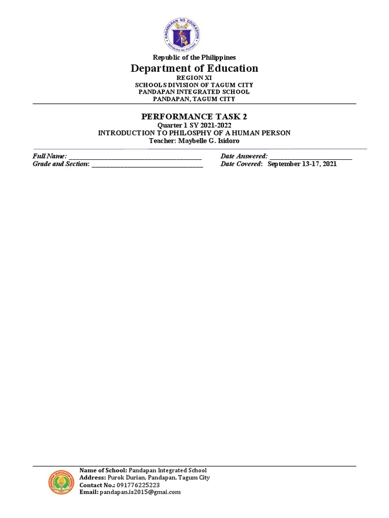 Department of Education: Performance Task 2 | PDF