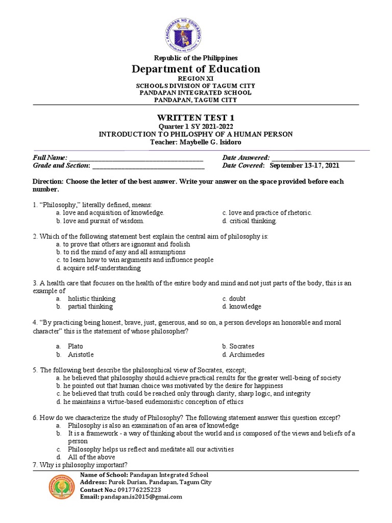 Philosophy Test for Students | PDF | Socrates | Critical Thinking