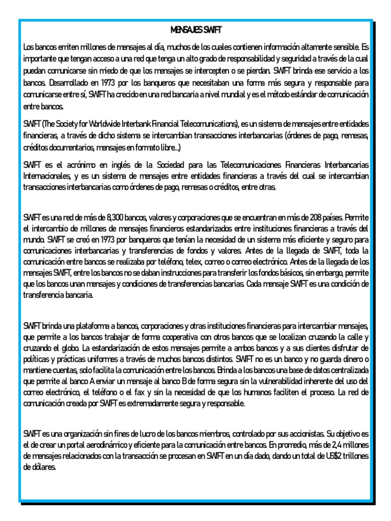 Mensajes Swift | PDF | Transferencia bancaria | Bancos