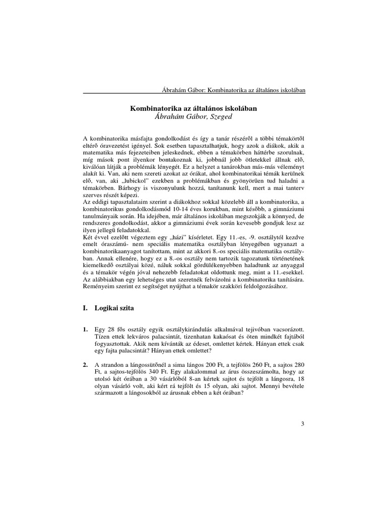 Kombinatorika Az Általános Iskolában Ábrahám Gábor, Szeged | PDF
