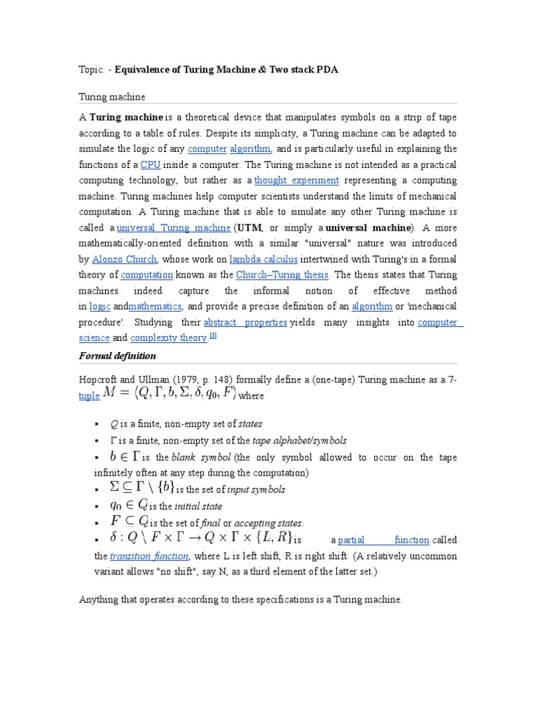 Euivalence of Turing Machine and Two Stack PDA | PDF | Applied Mathematics | Theoretical ...