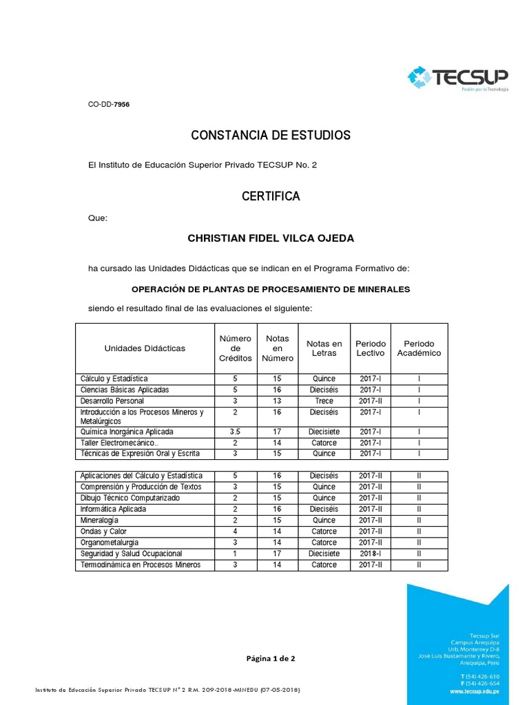 Certificado de Estudios Tecsup | PDF | Minería