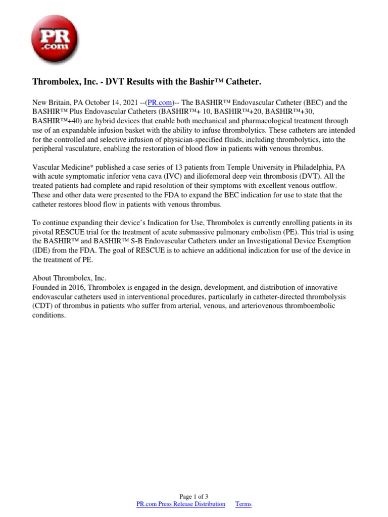 Thrombolex, Inc. - DVT Results With The Bashir™ Catheter. | PDF ...