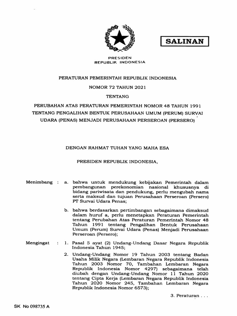 Salinan PP Nomor 72 Tahun 2021 | PDF