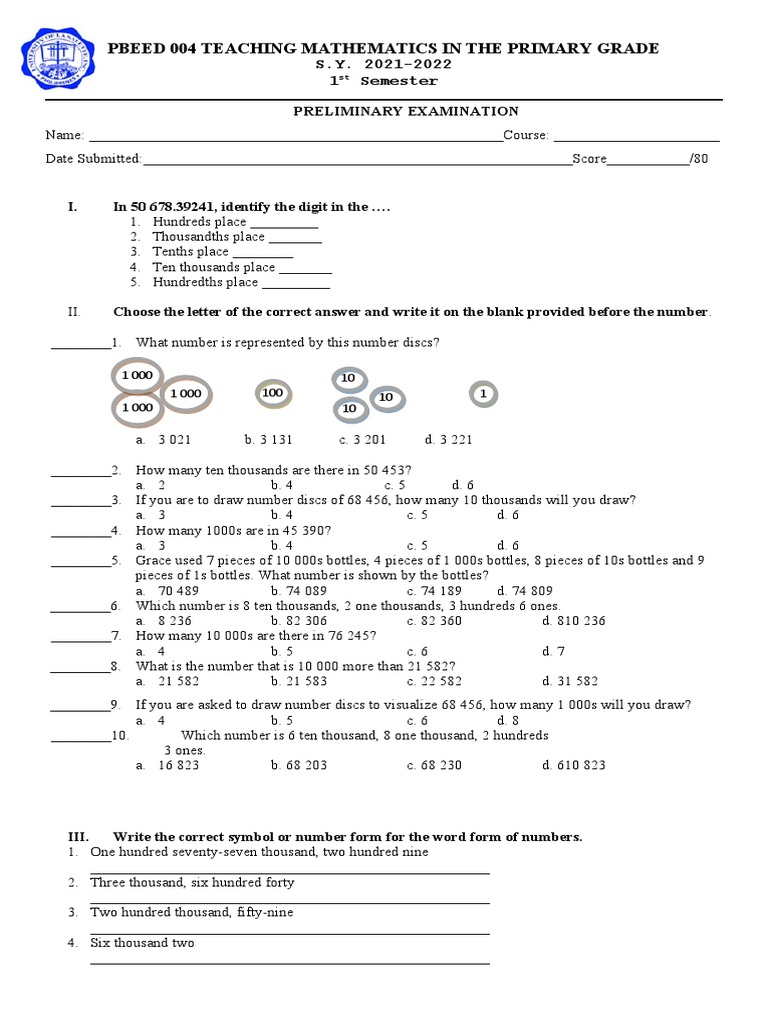 Teaching Math in Primary Grades Exam | PDF | Mathematics