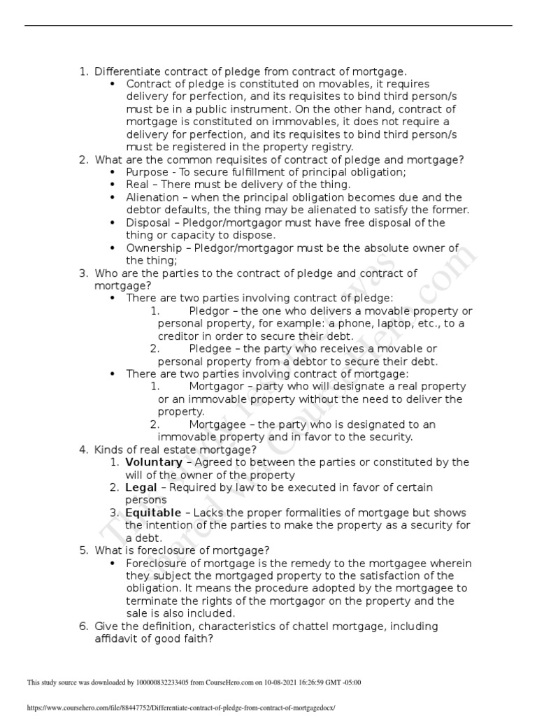 Differentiate Contract of Pledge From Contract of Mortgage | PDF ...