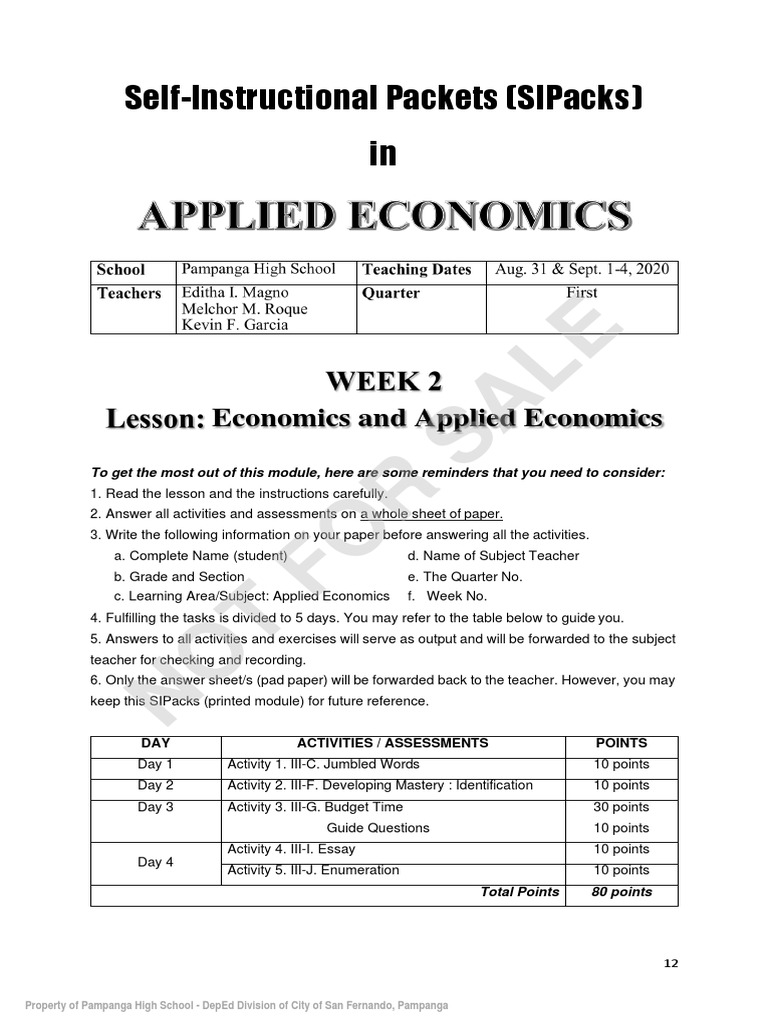 Grade 11 - ABM - Araling Panlipunan - Applied Economics - Week 2 | PDF | Economics | Microeconomics