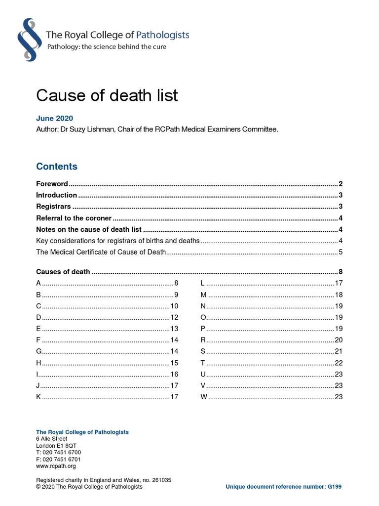 G199 Cause of Death List | PDF | Coroner | Sepsis