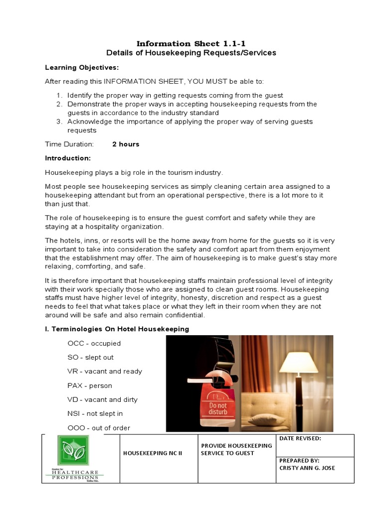 Details of Housekeeping Requests/Services: Information Sheet 1.1-1 ...