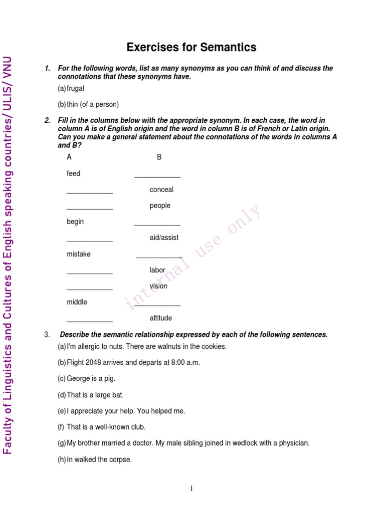 Lexical Semantics - EXERCISES | PDF | Linguistics