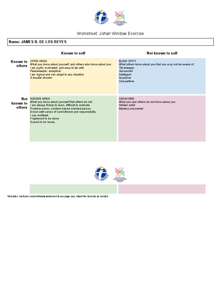 Worksheet - Johari Window Exercise - de Los Reyes, James B. | PDF