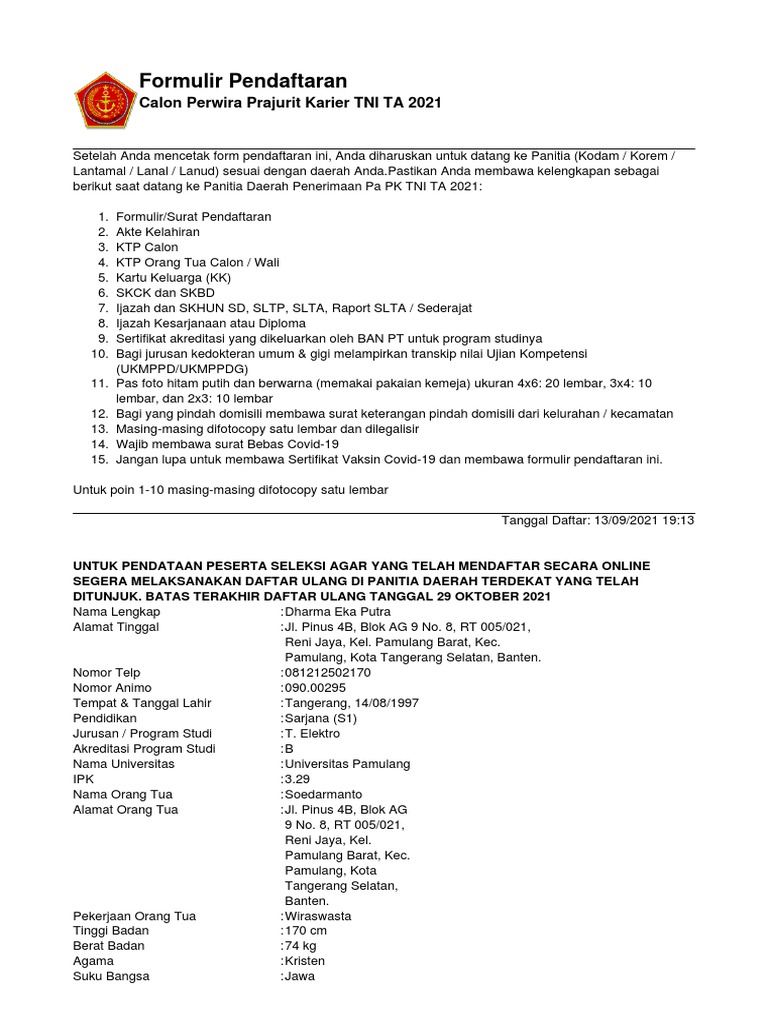 Formulir Pendaftaran TNI | PDF