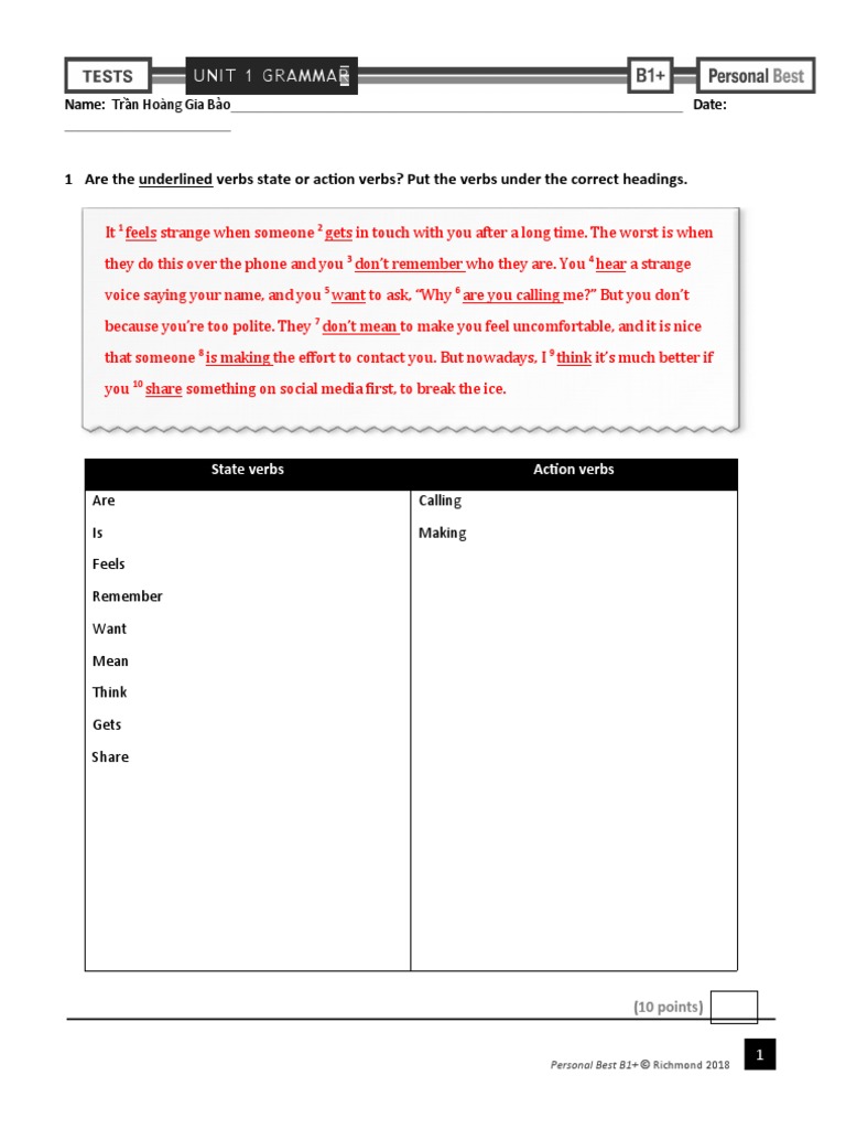 Unit 1 Grammar: 1 Are The Underlined Verbs State or Action Verbs? Put ...