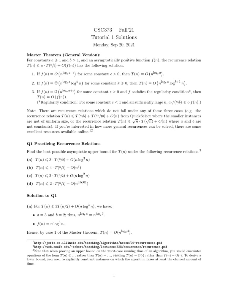 Tutorial1 Solutions | PDF | Recurrence Relation | Logarithm