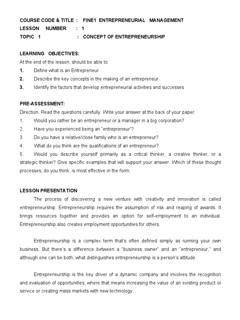 1 Entrepreneurial Management Module New 1.1 | PDF | Entrepreneurship ...