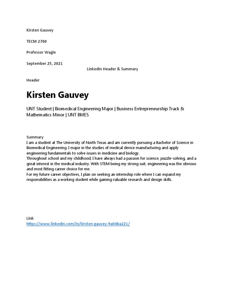 Kirsten Gauvey LinkedIn Header and Summary | PDF | Biomedical ...