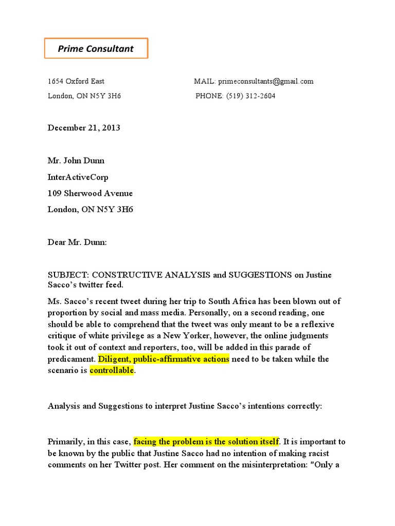 Indirect Letter Justine Sacco Case Study ArpandeepKaur | PDF ...