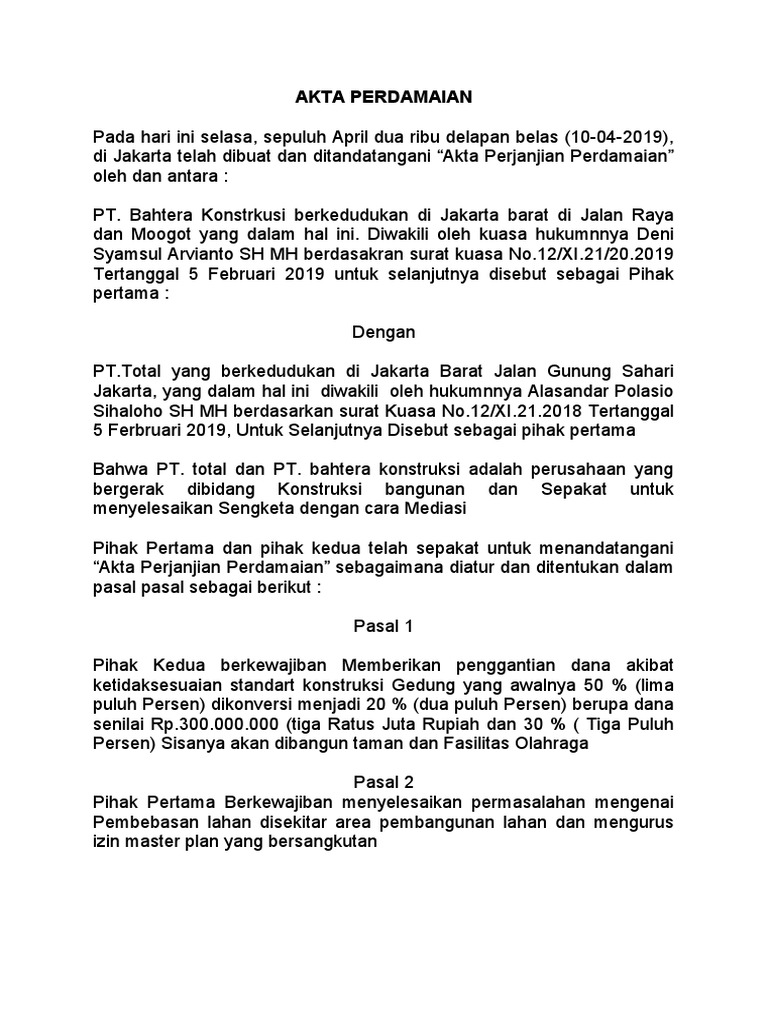 Contoh Akta Perdamaian Konstruksi | PDF