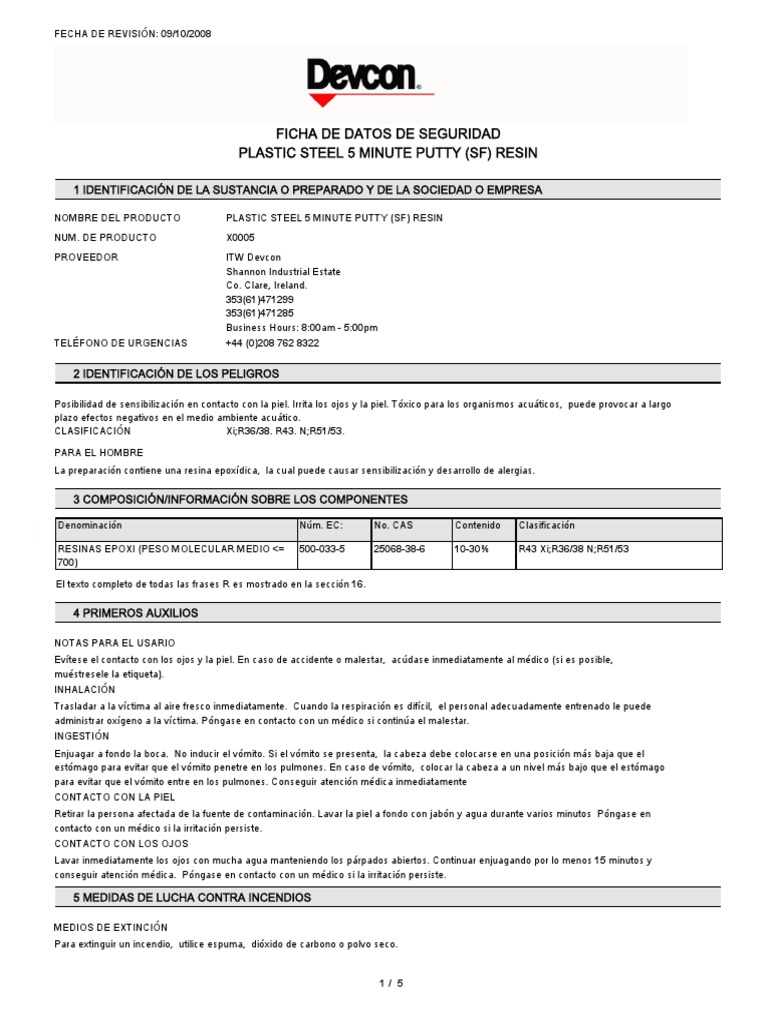 MSDS - Devcon 5 Minutos | PDF | Agua | Combustión