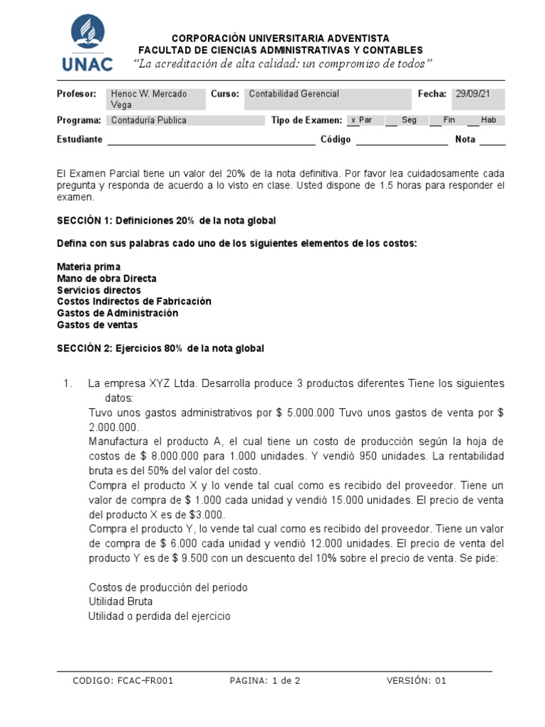 Examen Parcial Contabilidad Gerencial 2021-02 | PDF | Costo | Contabilidad