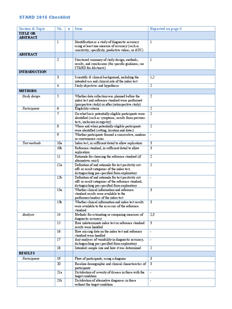 STARD 2015 Checklist-RSNA | PDF | Accuracy And Precision | Sensitivity ...