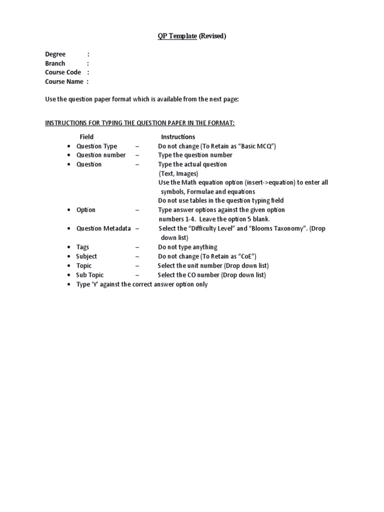 MCQ Question Paper Format Guide | PDF | Metadata | Question