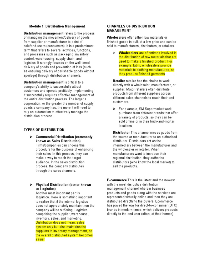 Notes in Distribution Management | PDF | Logistics | Supply Chain