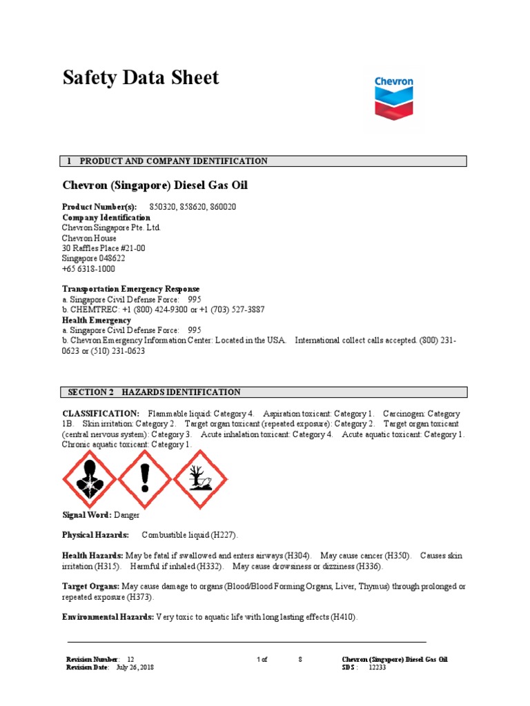 Safety Data Sheet: Chevron (Singapore) Diesel Gas Oil | PDF | Toxicity ...