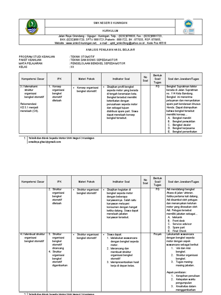 PENGELOLAAN BENGKEL SEPEDA MOTOR - Analisis Penilaian Hasil Belajar PBSM | PDF