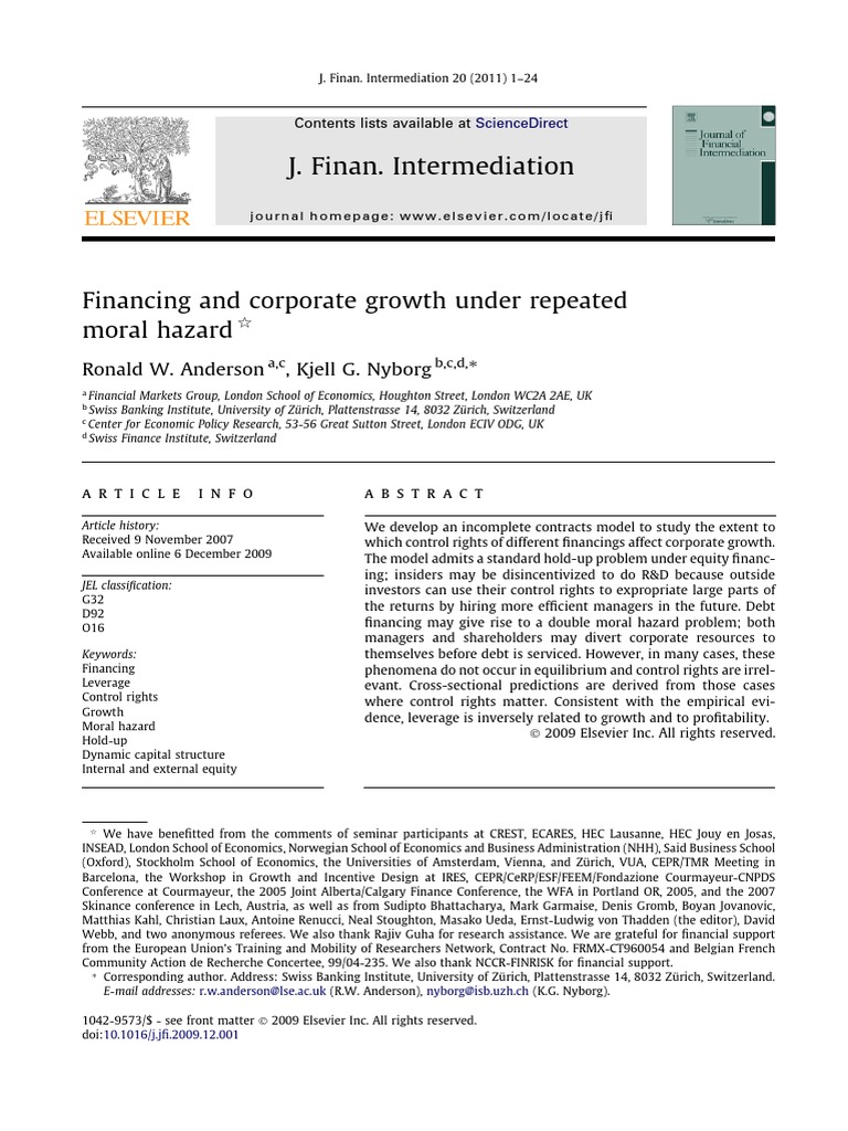 J. Finan. Intermediation: Ronald W. Anderson, Kjell G. Nyborg | PDF ...