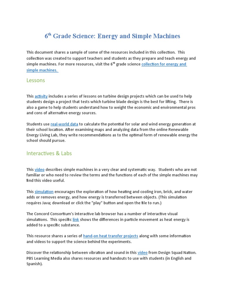 6 Grade Science: Energy and Simple Machines: Lessons | PDF | Technology ...