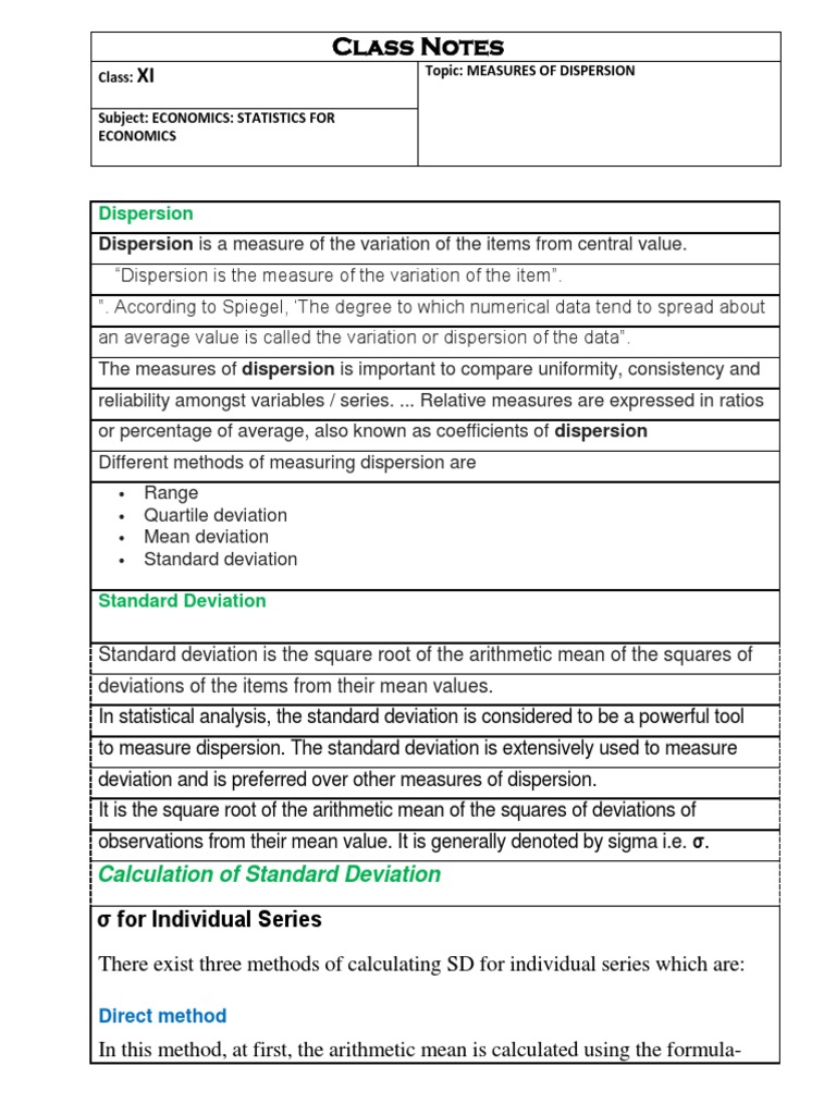 Class Notes: Dispersion | PDF | Standard Deviation | Mean