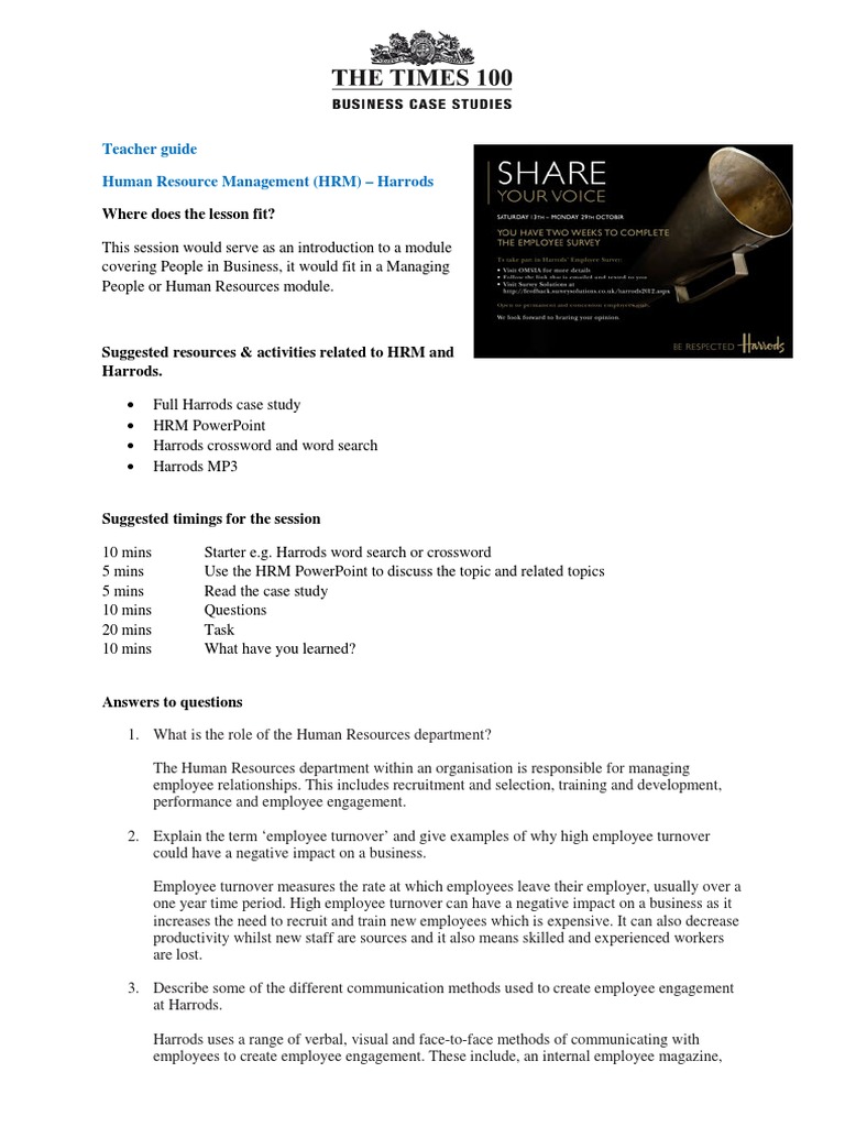 Harrods Edition 18 Teacher Guide Human Resource Management | PDF ...