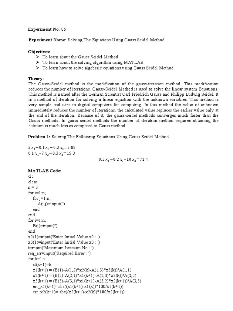Experiment No: 06 Experiment Name: Solving The Equations Using Gauss ...