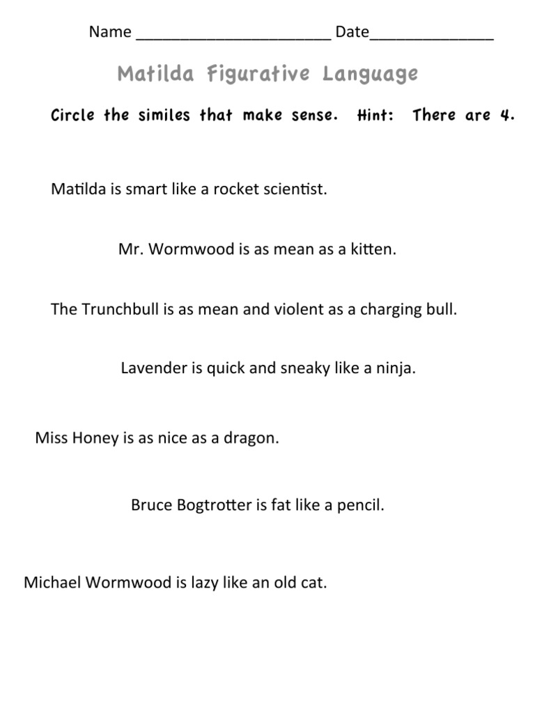 Matilda Figurative Language Quiz | PDF