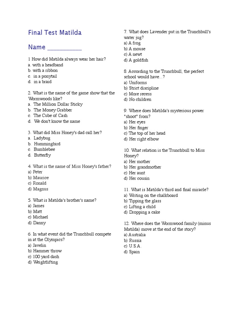 Final Test Matilda Name - : 4. What Is The Name of Miss Honey's Father ...