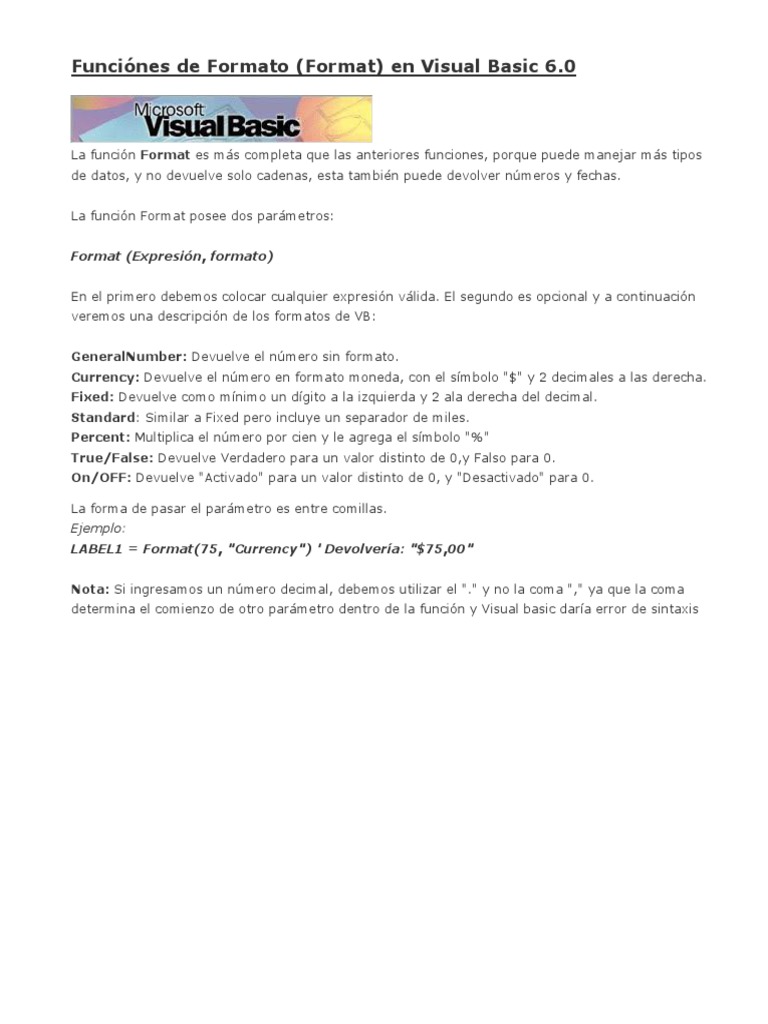 Función Format en Visual Basic 6.0 | PDF | Informática