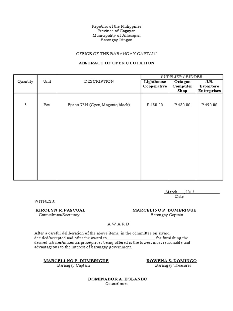 Abstract of Open Quotation for the Supply of Epson 73N Ink Cartridges ...
