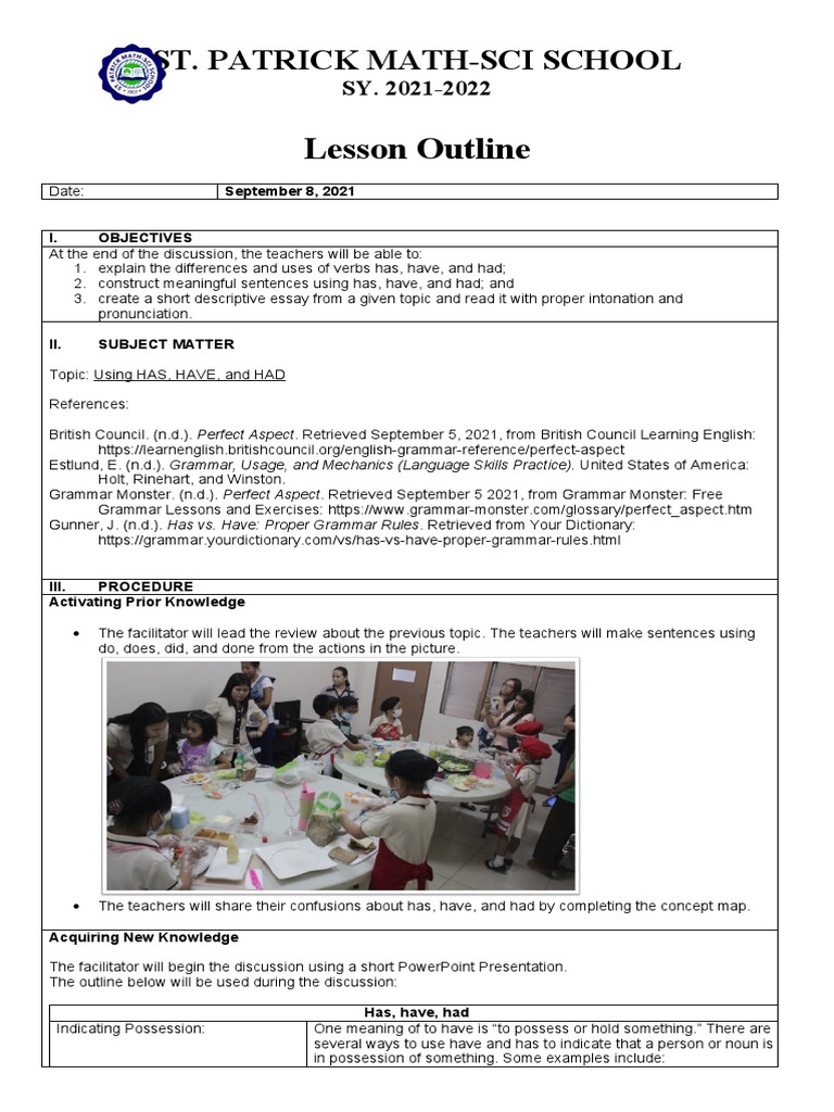 Lesson Outline (September 8, 2021) | PDF | Perfect (Grammar) | Linguistics