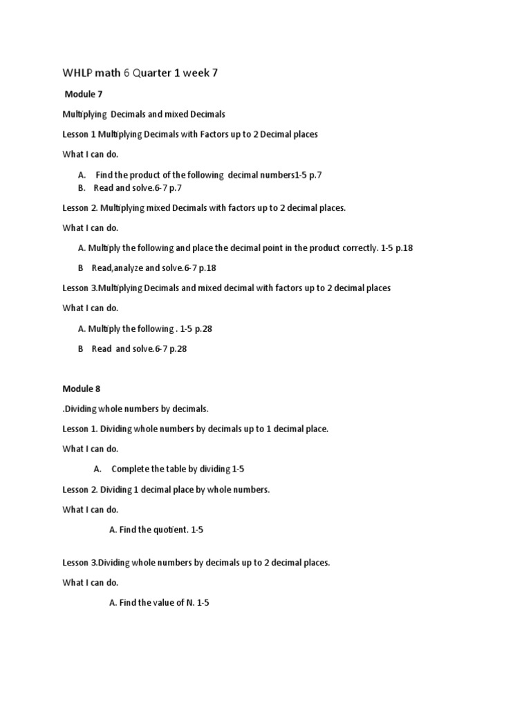 WHLP Math 6 Quarter 1 Week 7 | PDF | Decimal | Mathematics