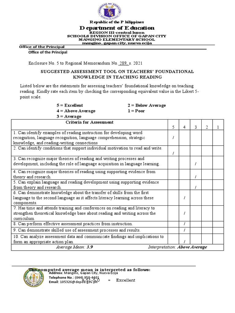 D Epartment of Education: Suggested Assessment Tool On Teachers ...