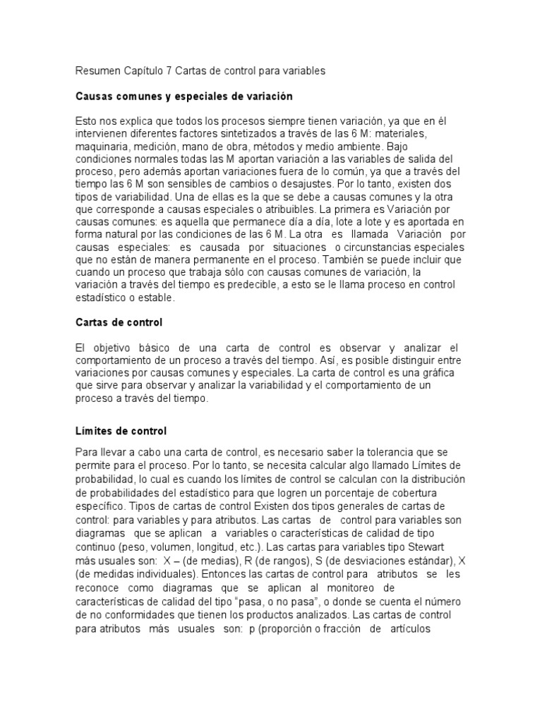 Resumen Capítulo 7 Cartas de Control para Variables | PDF | Estadísticas | Hora