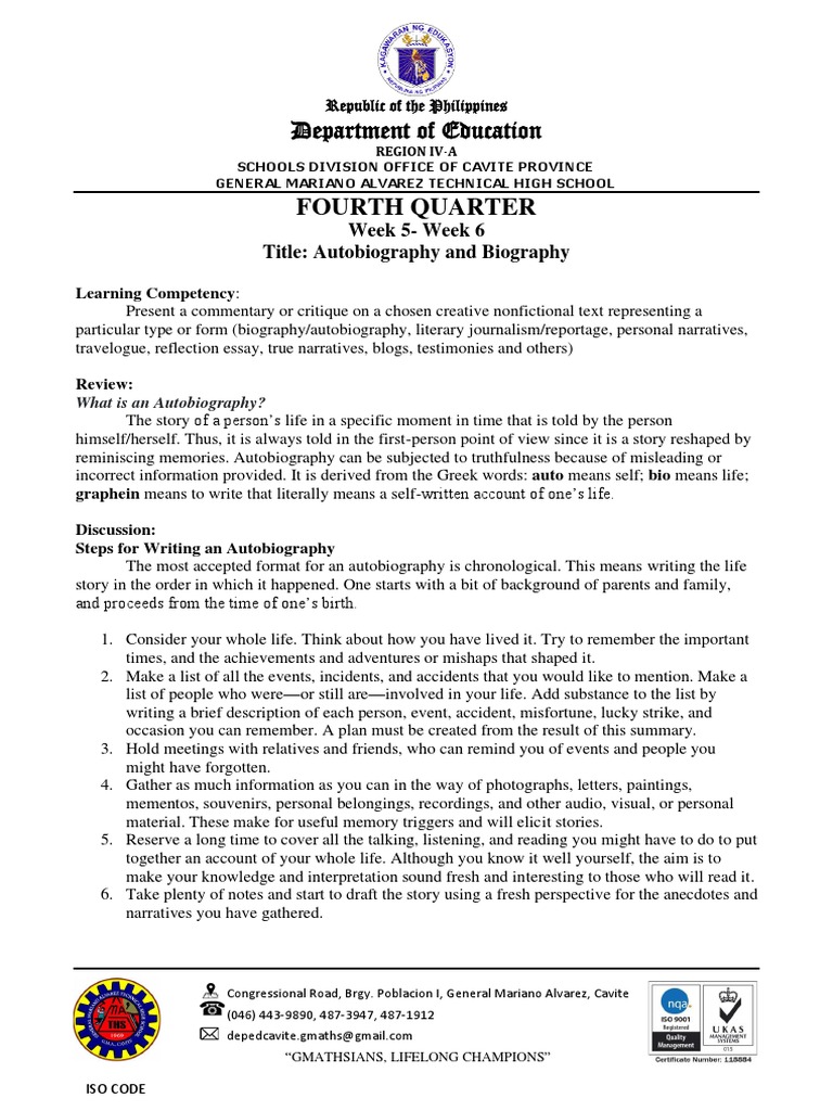 4th Quarter LAS CNF Week 5 Week 6 | PDF | Biography | Autobiographies