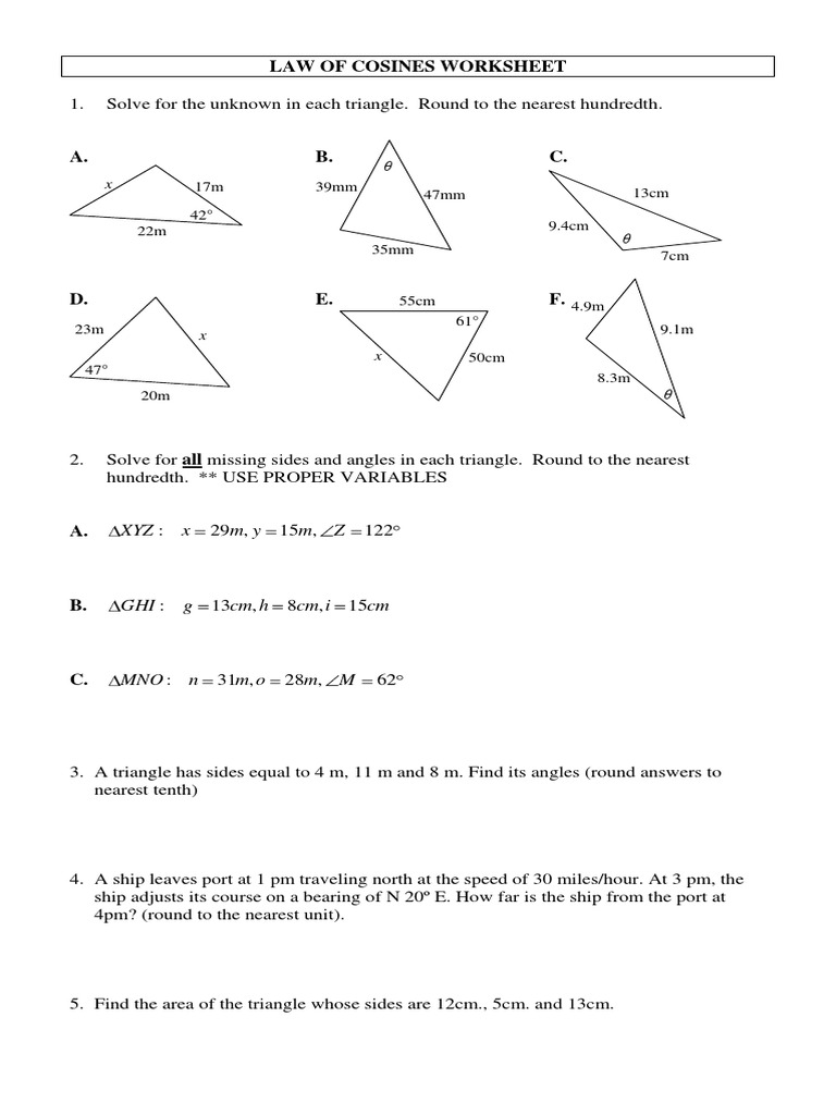 Law of Cosines Worksheet 6 | PDF | Triangle | Angle