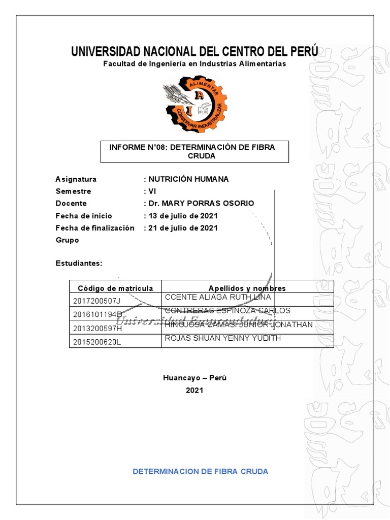 Informe 8 Determinacion de Fibra Cruda | PDF | Dieta y nutrición ...