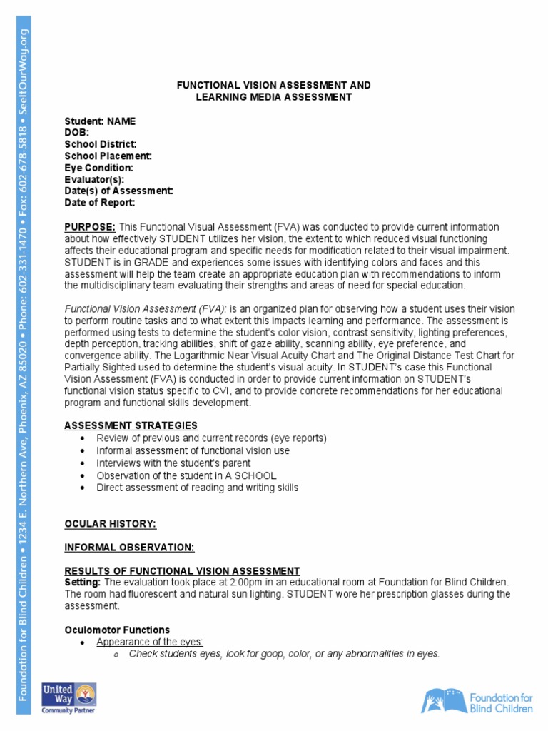 Functional Vision Assessment Summary | PDF | Visual Impairment | Visual ...